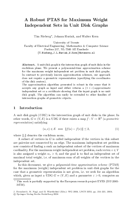 Pdf A Robust Ptas For Maximum Weight Independent Sets In Unit Disk Graphs