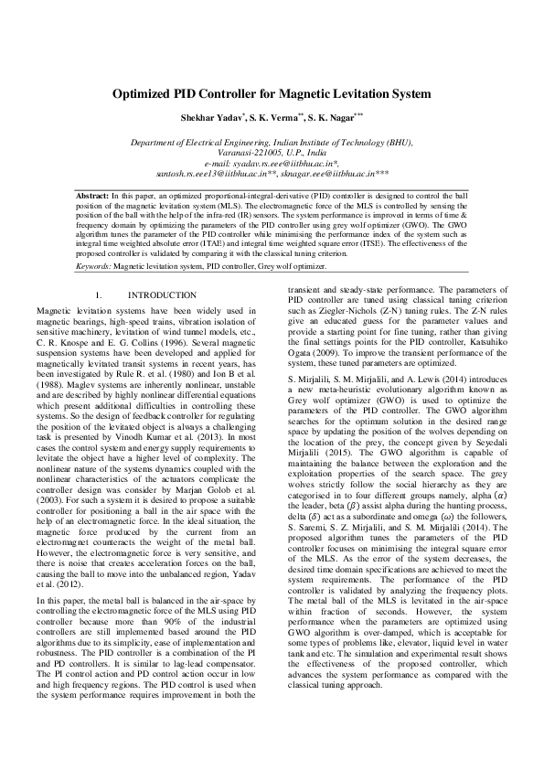 Pdf Optimized Pid Controller For Magnetic Levitation System