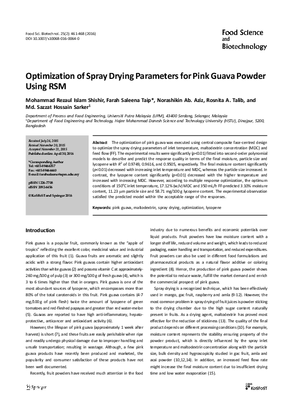 Pdf Optimization Of Spray Drying Parameters For Pink Guava Powder Using Rsm