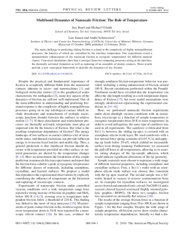 (PDF) Multibond Dynamics of Nanoscale Friction: The Role of Temperature