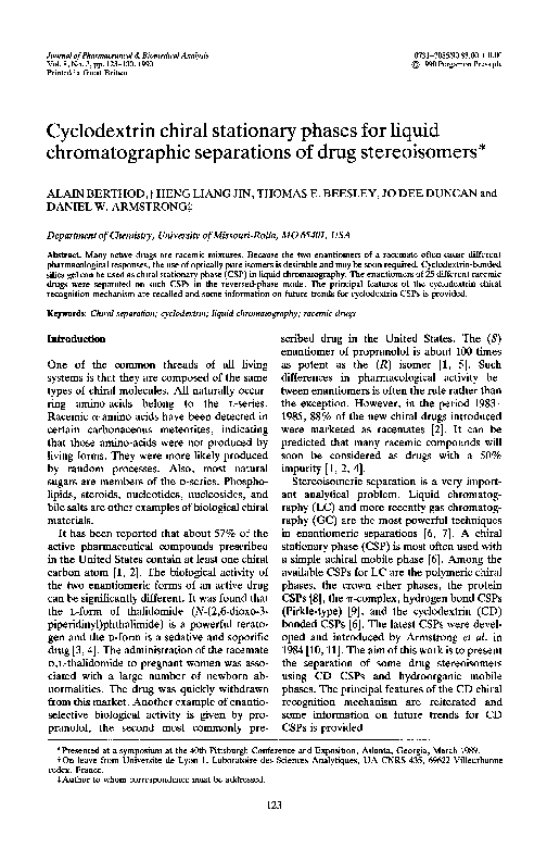 (PDF) Cyclodextrin chiral stationary phases for liquid chromatographic ...