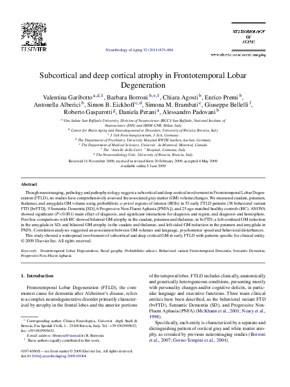 (PDF) Subcortical and deep cortical atrophy in Frontotemporal Lobar ...