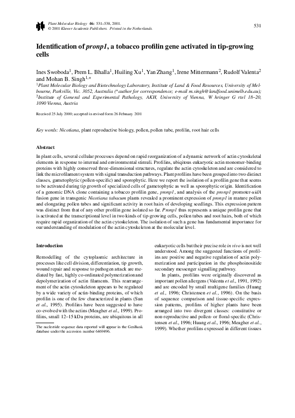 (PDF) Identification of pronp1, a tobacco profilin gene activated in ...