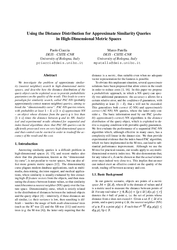 (PDF) Using the distance distribution for approximate similarity queries in high-dimensional ...