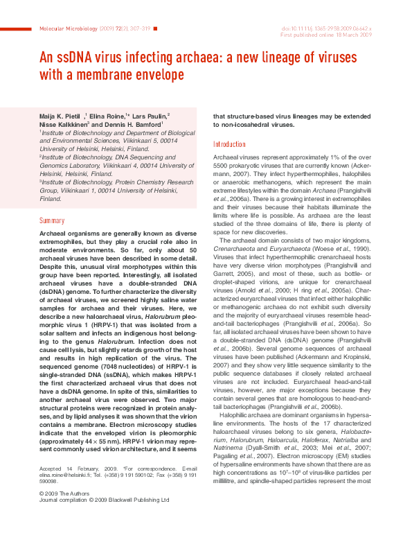 (PDF) An ssDNA virus infecting archaea: a new lineage of viruses with a ...