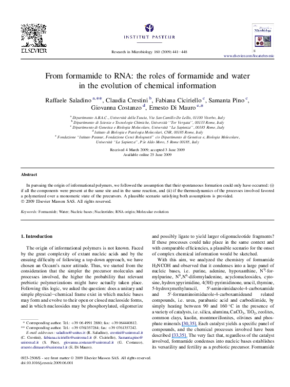 (PDF) From formamide to RNA: the roles of formamide and water in the ...