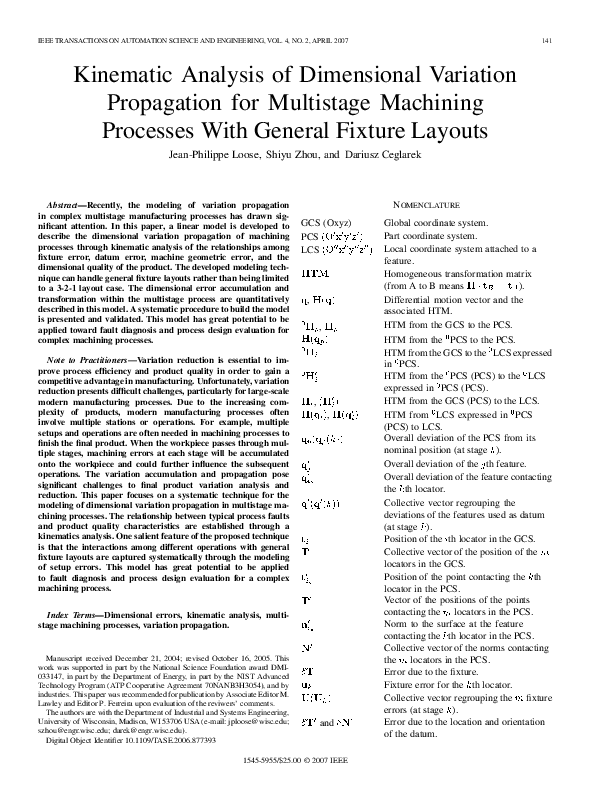 Pdf Kinematic Analysis Of Dimensional Variation Propagation For Multistage Machining Processes