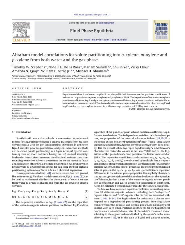 (PDF) Abraham model correlations for solute partitioning into o-xylene ...