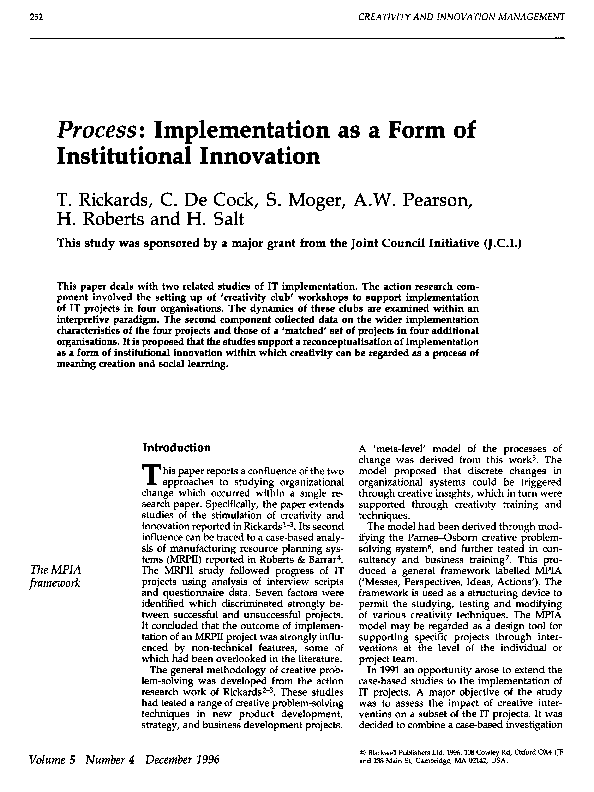 (PDF) Process: Implementation as a Form of Institutional Innovation