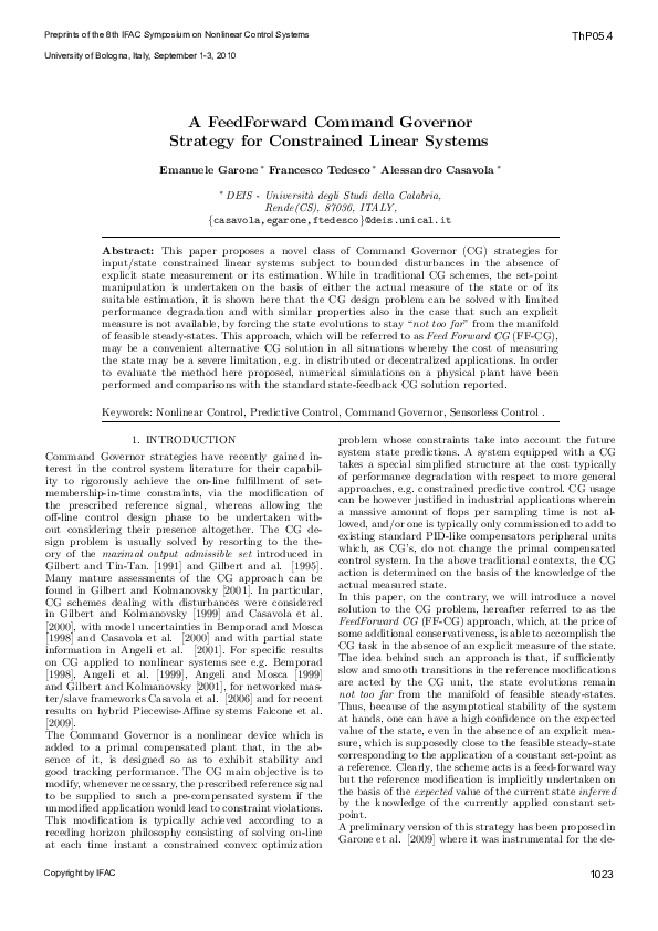Pdf A Feedforward Command Governor Strategy For Constrained Linear Systems