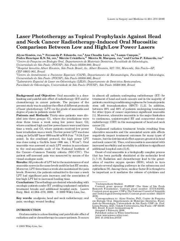 (PDF) Laser phototherapy as topical prophylaxis against head and neck cancer radiotherapy ...
