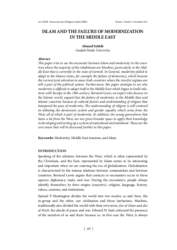 (PDF) ISLAM AND THE FAILURE OF MODERNIZATION IN THE MIDDLE EAST