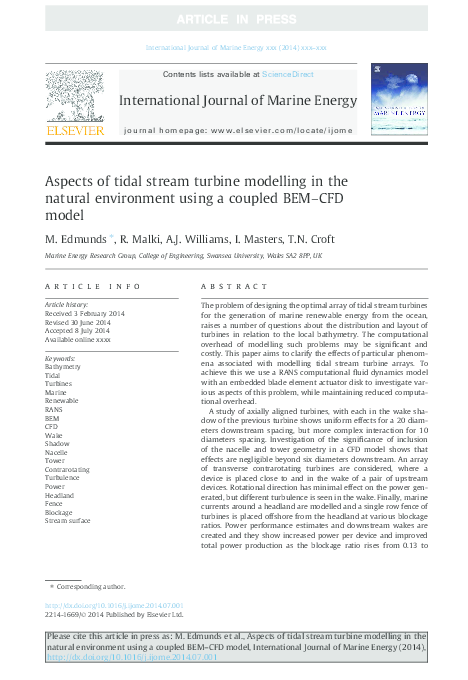 (PDF) Aspects of tidal stream turbine modelling in the natural environment using a coupled BEM ...