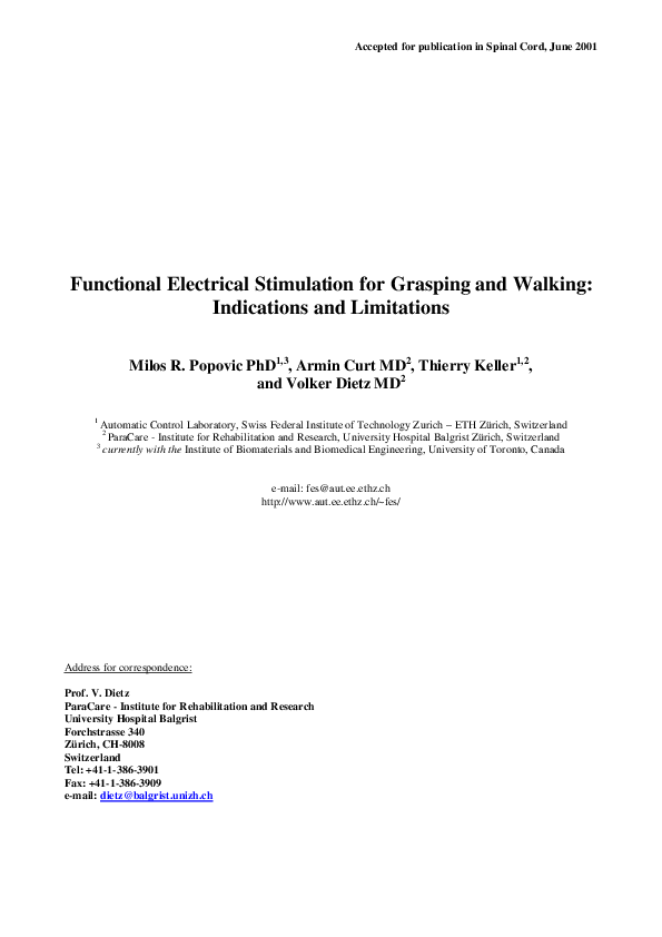 (PDF) Functional electrical stimulation for grasping and walking ...
