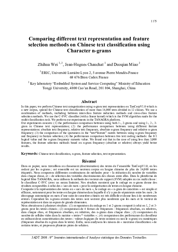 (PDF) Comparing different text representation and feature selection methods on Chinese text ...