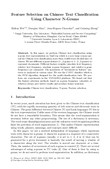 Pdf Feature Selection On Chinese Text Classification Using Character