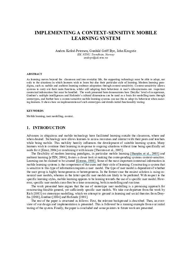 Pdf Implementing A Context Sensitive Mobile Learning System