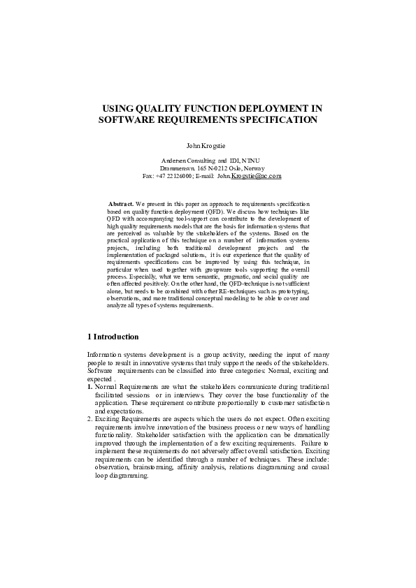 (PDF) Using Quality Function Deployment in Software Requirements ...