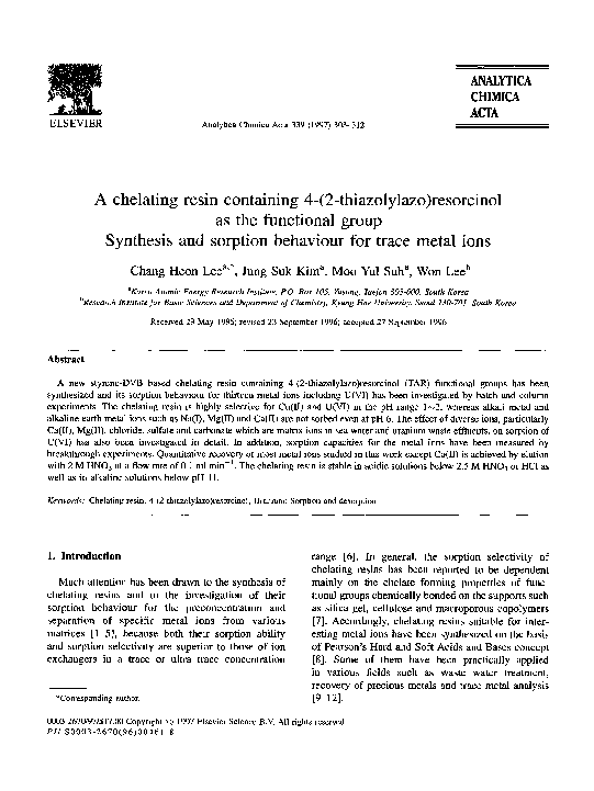 (PDF) A chelating resin containing 4-(2-thiazolylazo)resorcinol as the ...