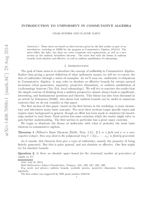 (PDF) Introduction to uniformity in commutative algebra