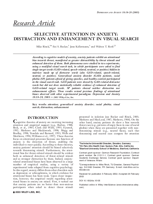 (PDF) Selective attention in anxiety: Distraction and enhancement in visual search