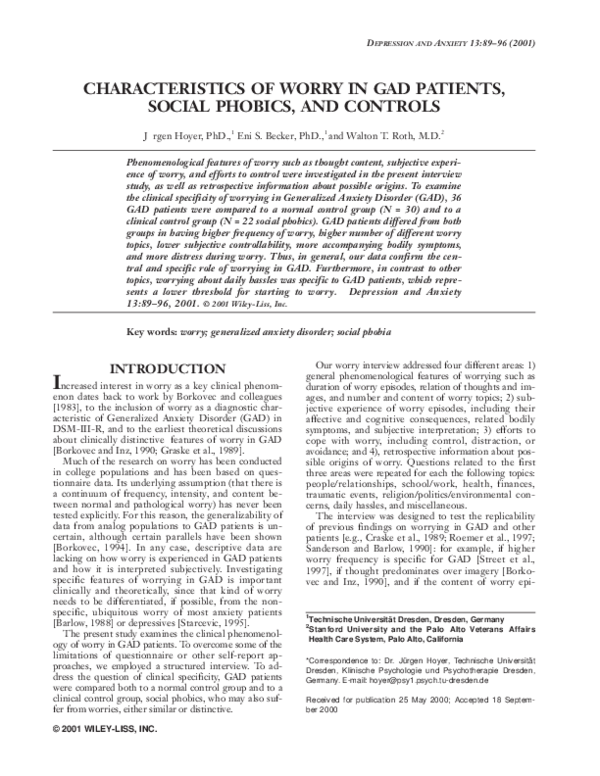 (PDF) Characteristics of worry in GAD patients, social phobics, and ...