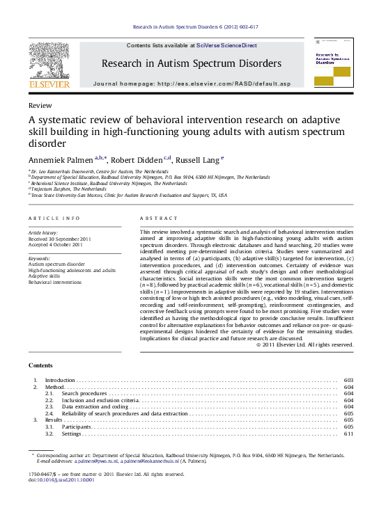 (PDF) A systematic review of behavioral intervention research on ...