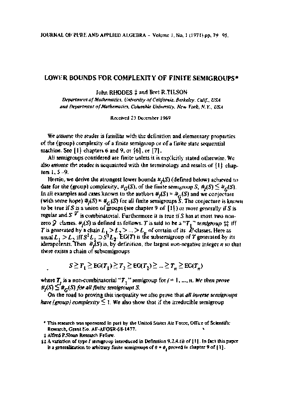 (PDF) Lower bounds for complexity of finite semigroups