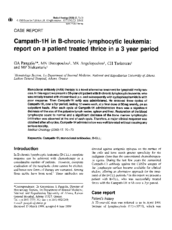 (PDF) Campath-1H in B-chronic lymphocytic leukemia: report on a patient ...