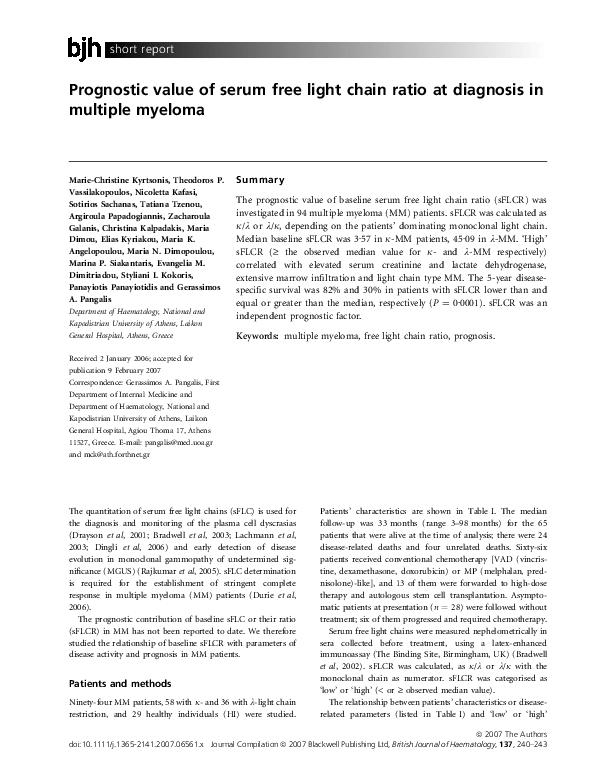 (PDF) Prognostic value of serum free light chain ratio at diagnosis in multiple myeloma