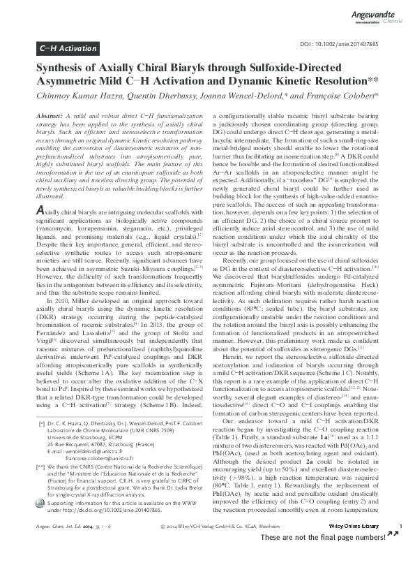 (PDF) Synthesis of Axially Chiral Biaryls through Sulfoxide-Directed ...