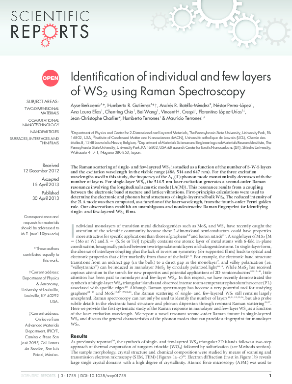 (PDF) Identification of individual and few layers of WS2 using Raman ...