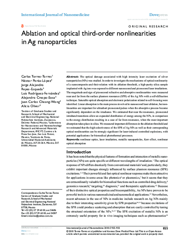 (PDF) Ablation and optical third-order nonlinearities in Ag nanoparticles