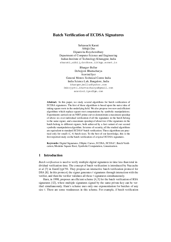 (PDF) Batch Verification of ECDSA Signatures