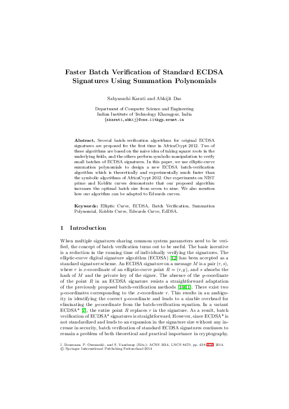 Pdf Faster Batch Verification Of Standard Ecdsa Signatures Using