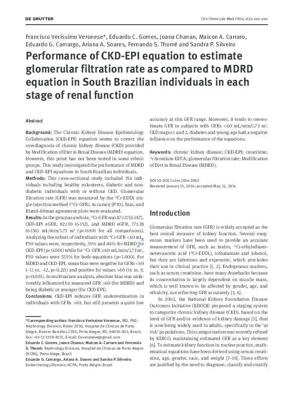 (PDF) Performance of CKD-EPI equation to estimate glomerular filtration ...