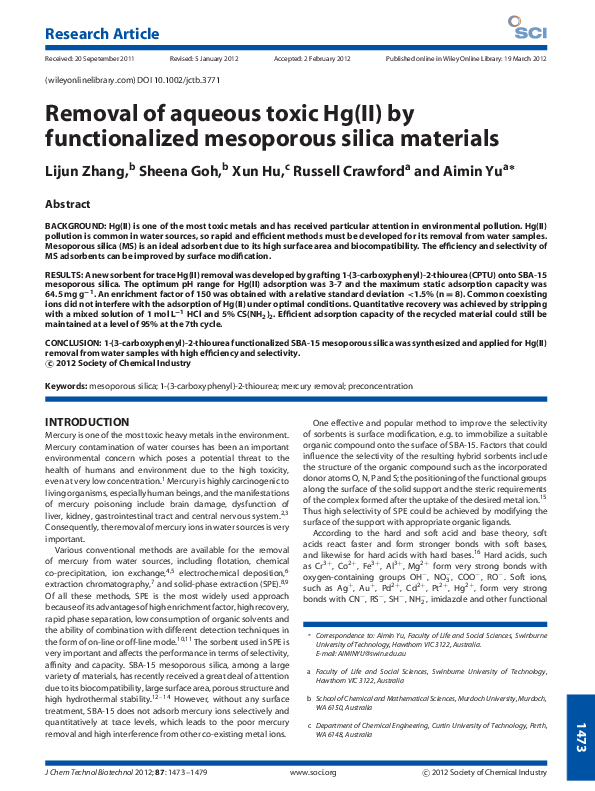 (PDF) Removal of aqueous toxic Hg(II) by functionalized mesoporous silica materials
