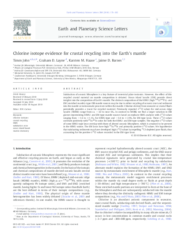 (PDF) Chlorine isotope evidence for crustal recycling into the Earth's ...
