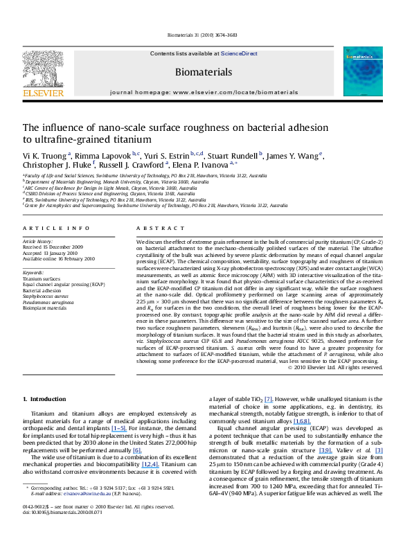 Pdf The Influence Of Nano Scale Surface Roughness On Bacterial Adhesion To Ultrafine Grained