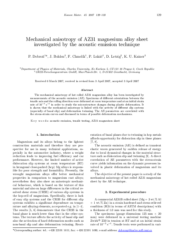 (PDF) Mechanical anisotropy of AZ31 magnesium alloy sheet investigated by the acoustic emission ...