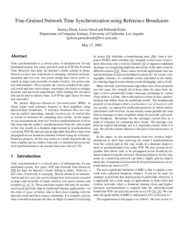 (PDF) Fine-grained network time synchronization using reference broadcasts