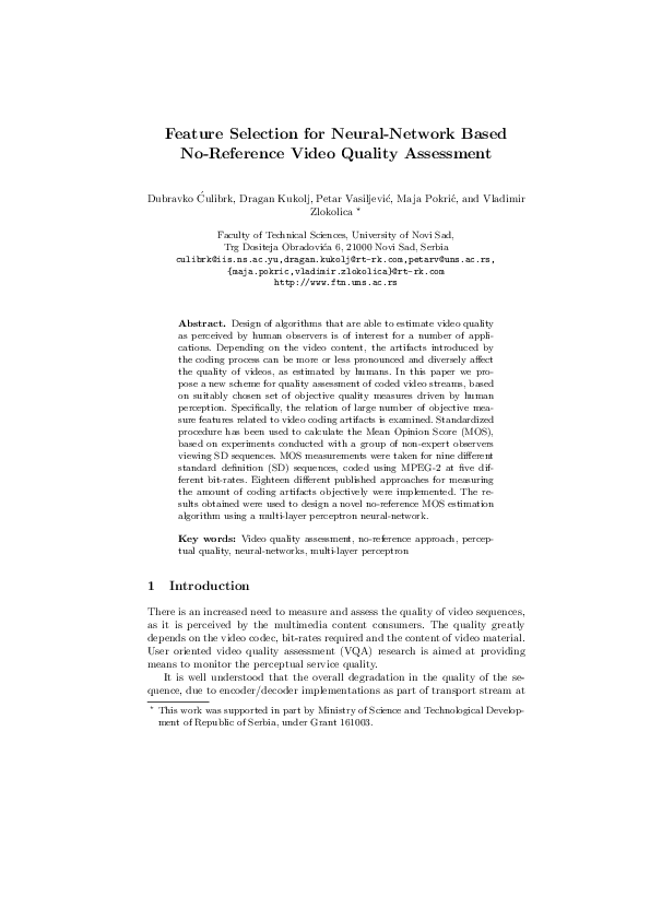 (PDF) Feature Selection for Neural-Network Based No-Reference Video Quality Assessment