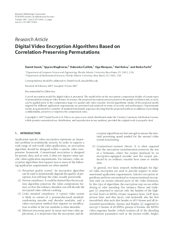Pdf Digital Video Encryption Algorithms Based On Correlation