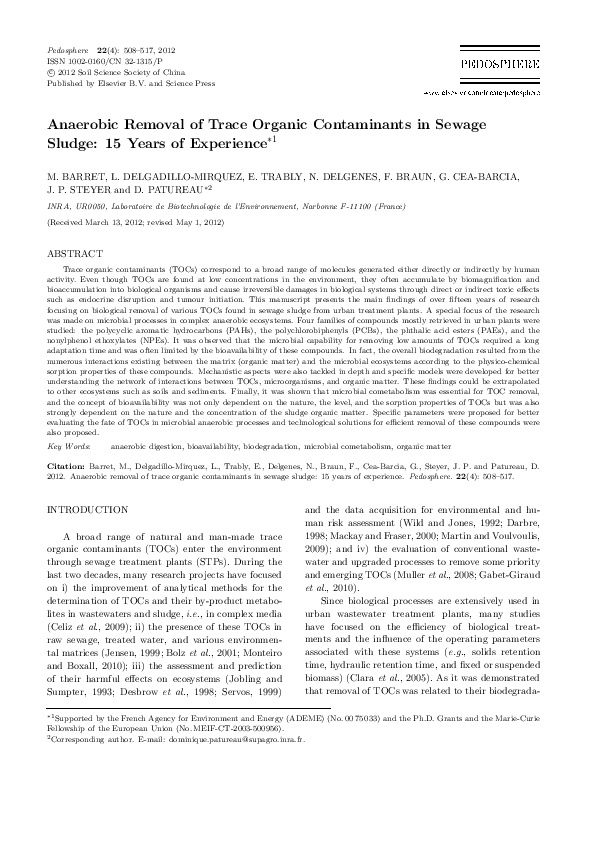 (PDF) Anaerobic removal of trace organic contaminants in sewage sludge: 15 years of experience