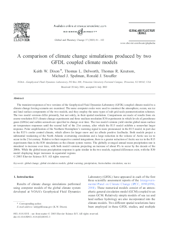 (PDF) A comparison of climate change simulations produced by two GFDL ...