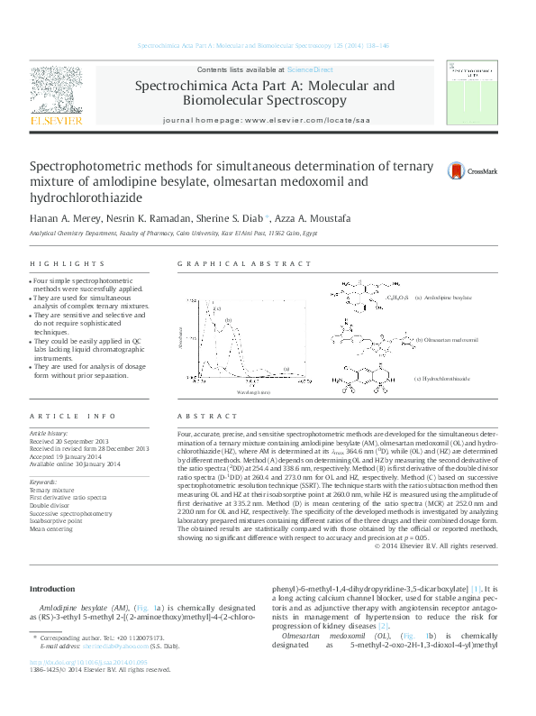 (PDF) Spectrophotometric methods for simultaneous determination of ternary mixture of amlodipine ...