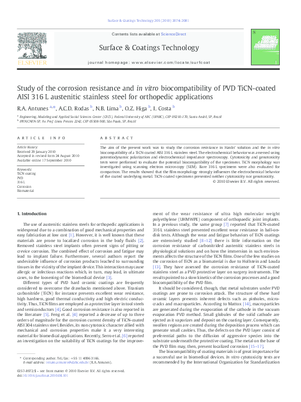 (PDF) Study of the corrosion resistance and in vitro biocompatibility of PVD TiCN-coated AISI ...