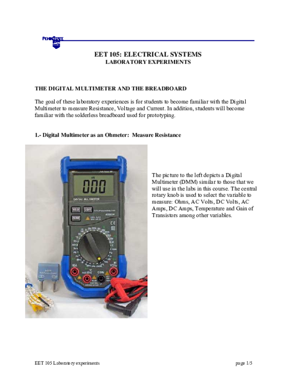 (PDF) EET 105: ELECTRICAL SYSTEMS LABORATORY EXPERIMENTS THE DIGITAL MULTIMETER AND THE BREADBOARD