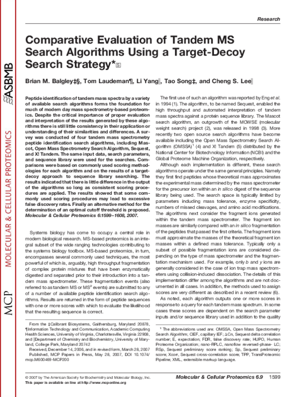 (PDF) Comparative Evaluation of Tandem MS Search Algorithms Using a ...