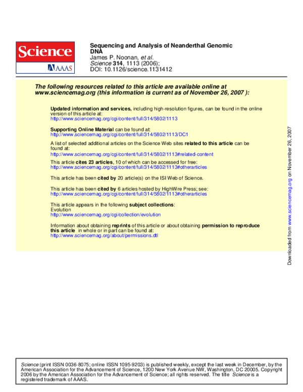 (PDF) Sequencing and Analysis of Neanderthal Genomic DNA